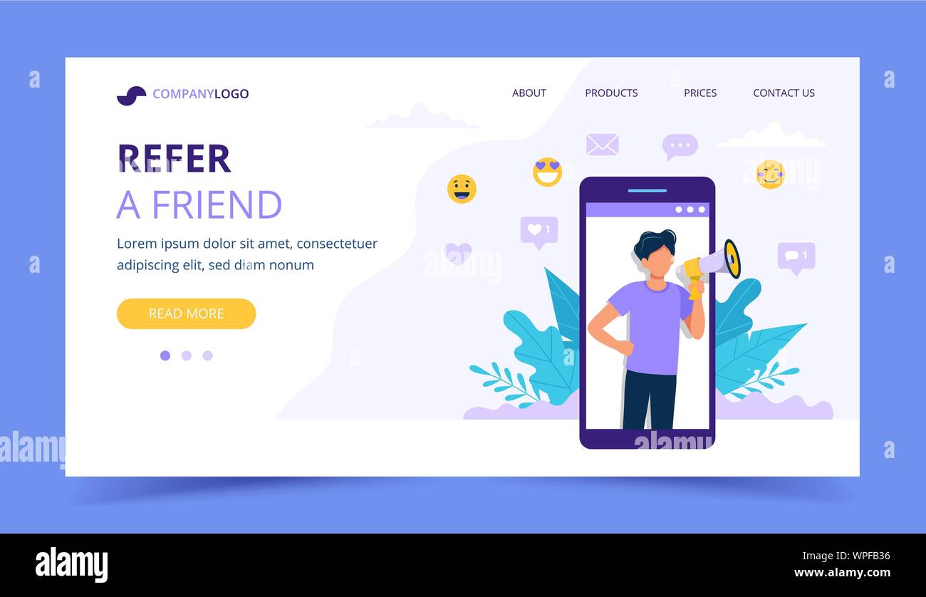 Refer a friend landing page with big smartphone with man. Promotion ...
