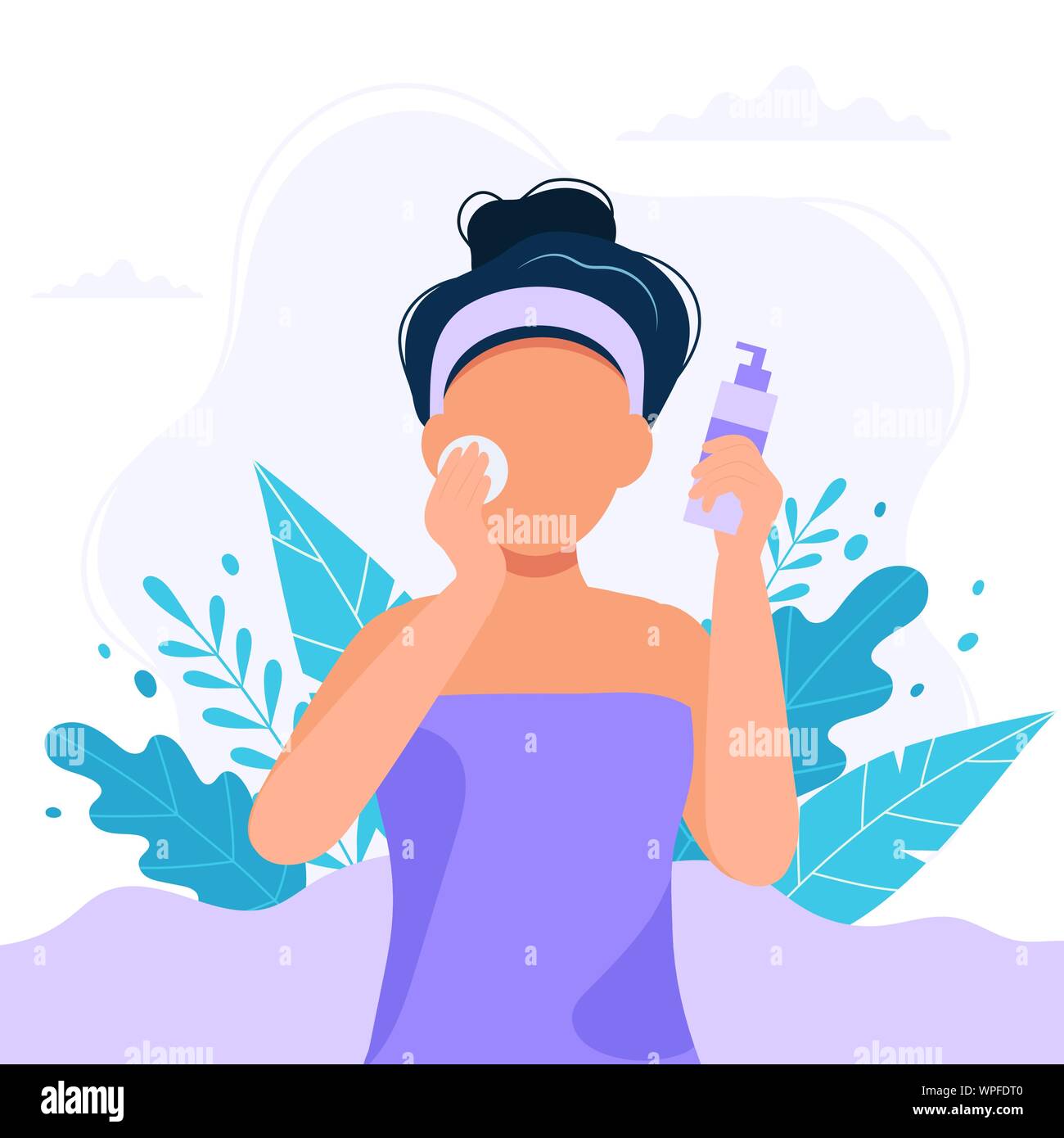 Skin care routine. Woman cleansing the her face with cosmetic product ...