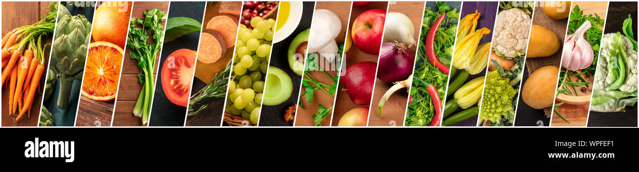Organic Food Collage. Many photos of fresh vegetables, panoramic vegan ...