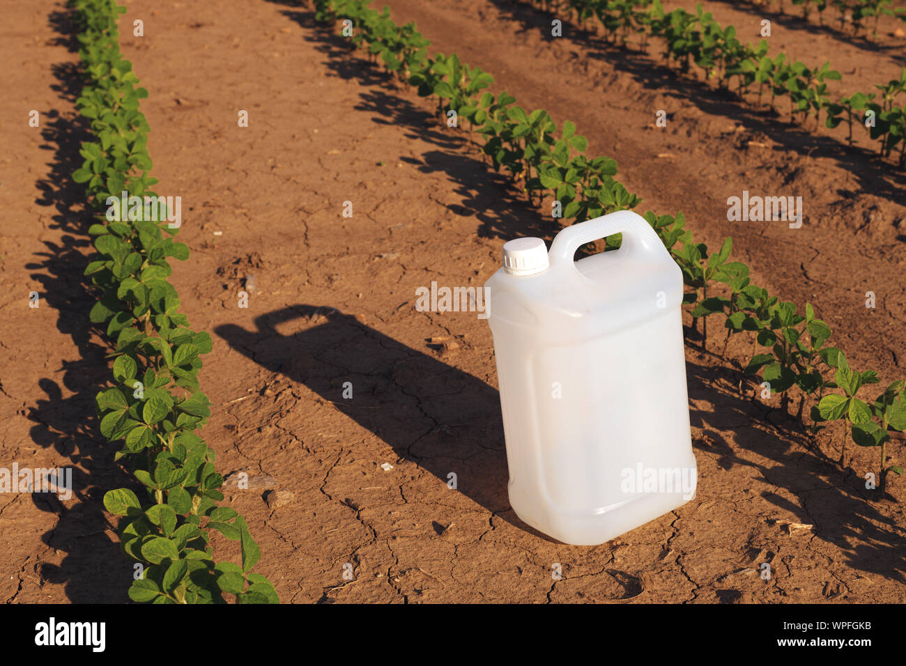 Soybean crop protection concept with blank generic pesticide canister ...