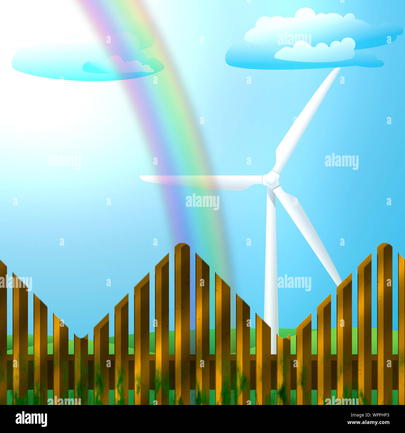 Wind turbines generating electricity on grass field background Stock ...