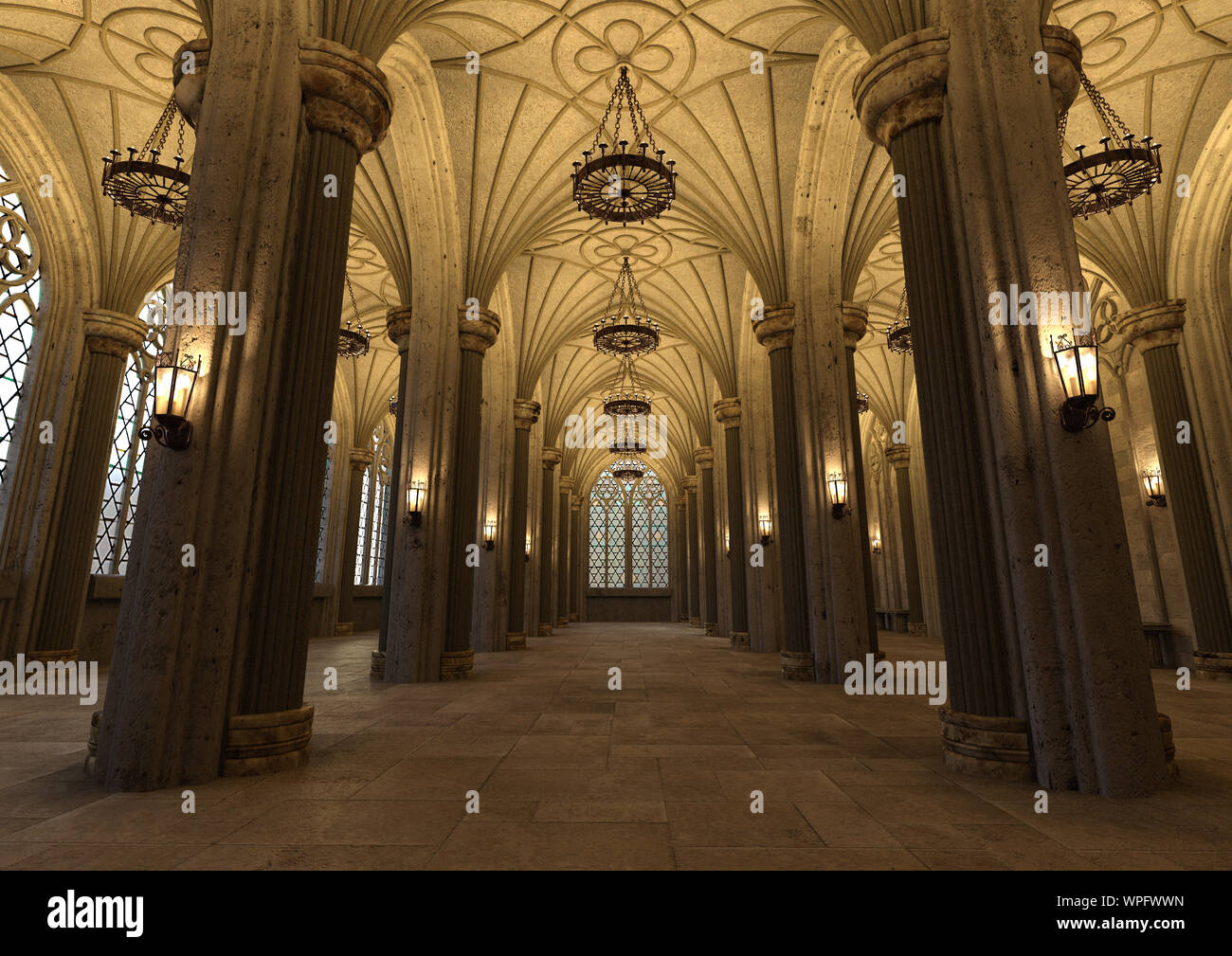 3D illustration of a gothic arc gallery interior Stock Photo - Alamy