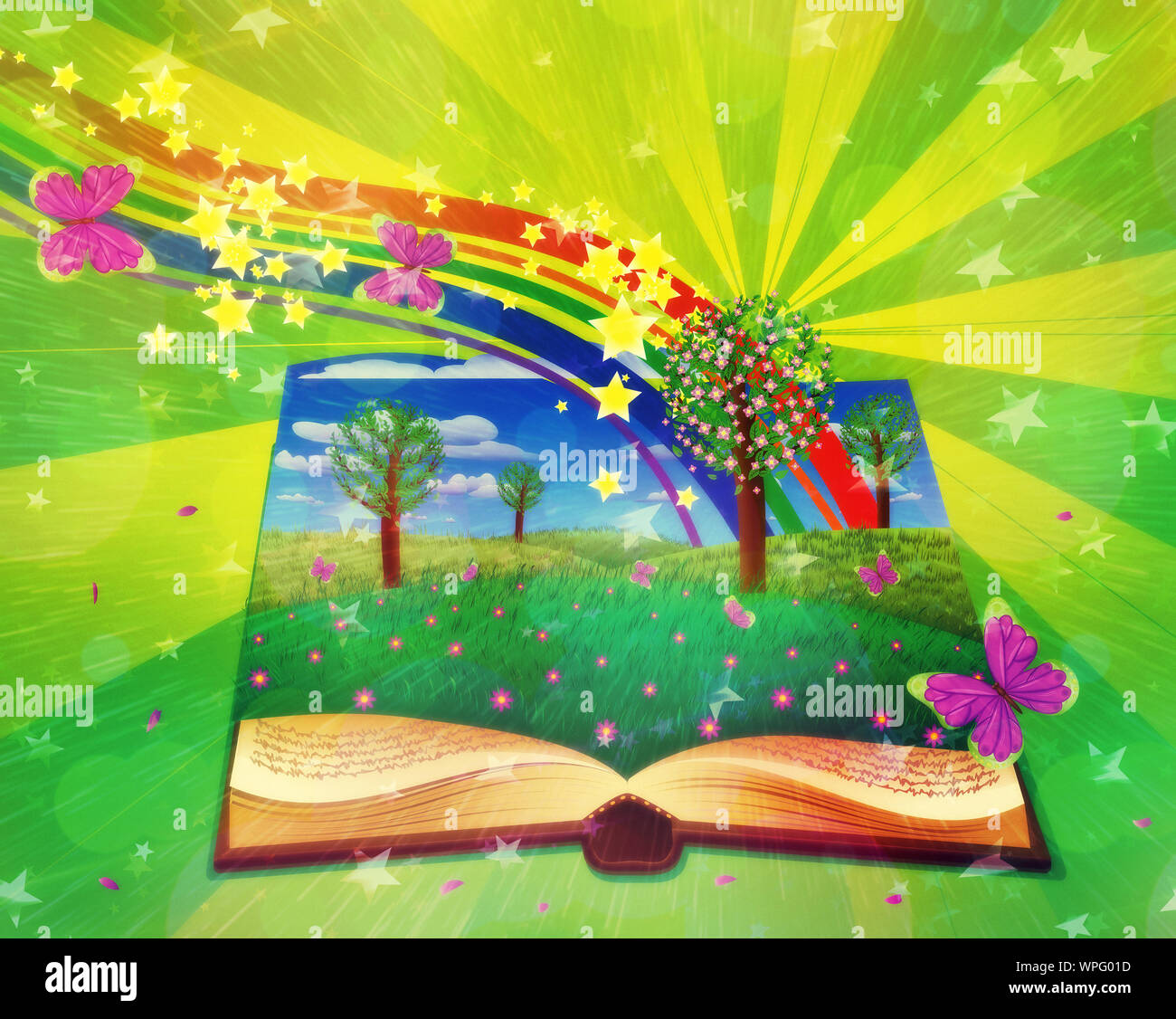 Open book with grass field, butterflies and abstract rainbow Stock ...