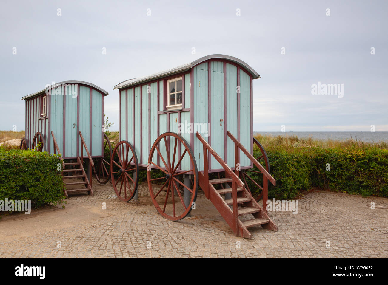 Historic bathing cars on the promenade, Bansin beach resort, Germany ...
