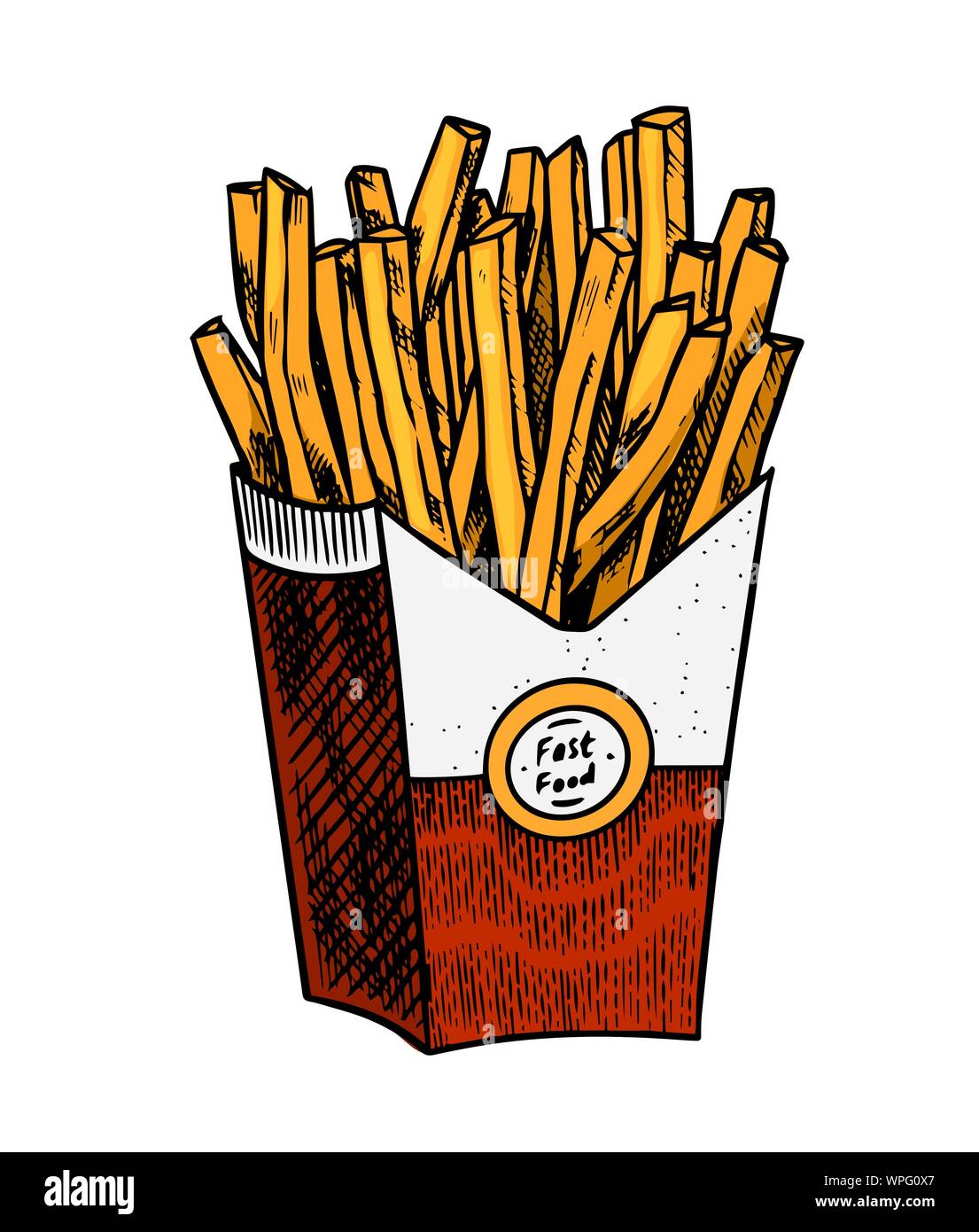 French fries in vintage style. Fast food illustration for banners or ...