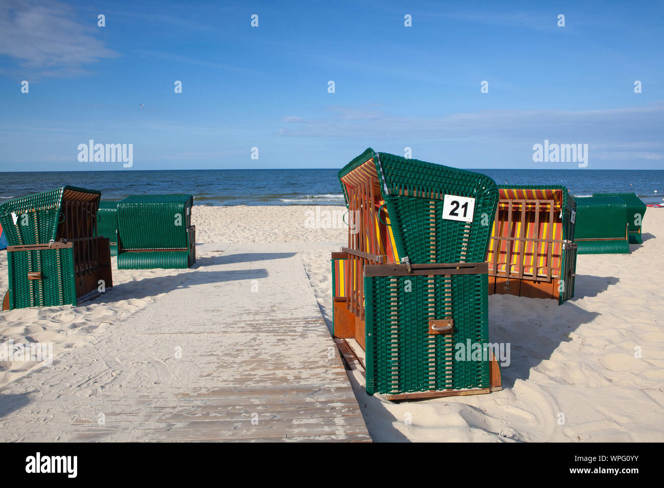 Typical beach chairs on the beach, Baltic coast, Germany. It is a ...