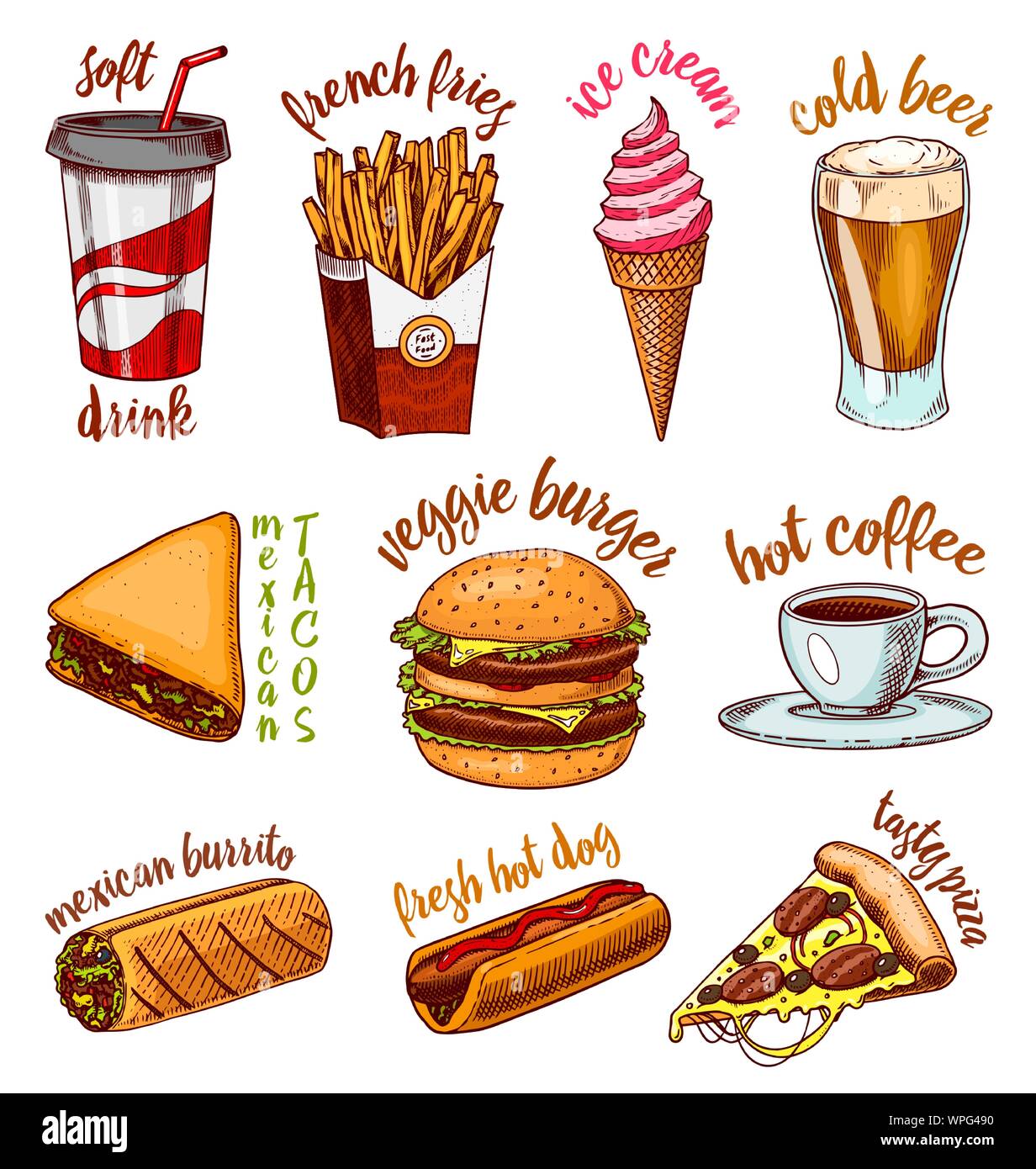 Junk Fast food, burger and hamburger, tacos and hot dog, burrito and ...