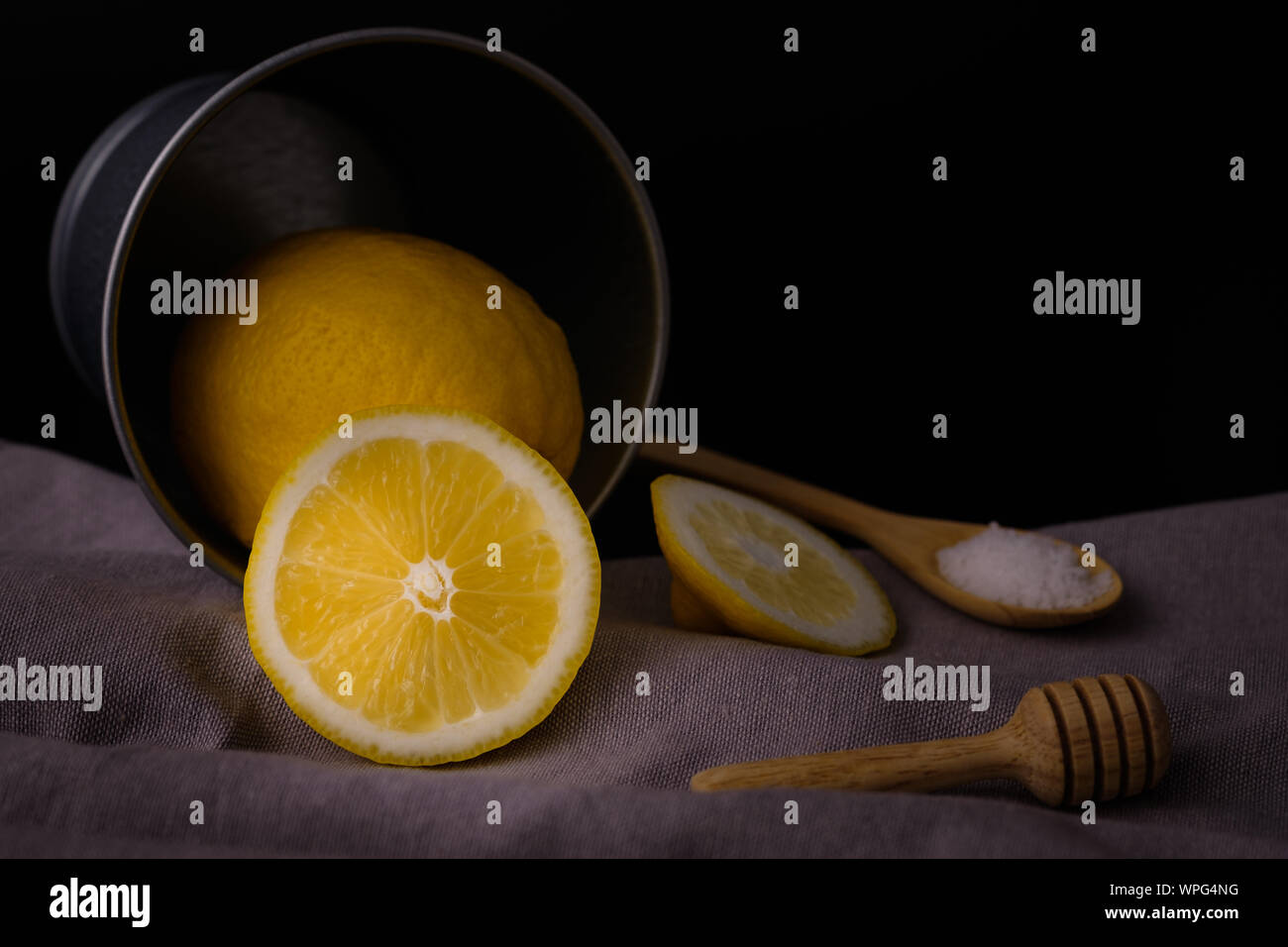 Still life with lemons on black background, Choose focal point, dark ...