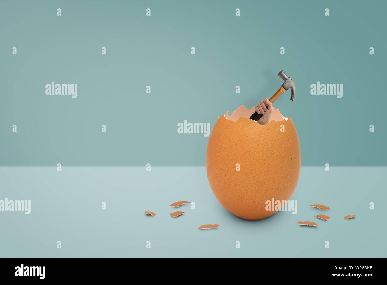 Holding the hammer out of the egg shell on blue background, easter ...