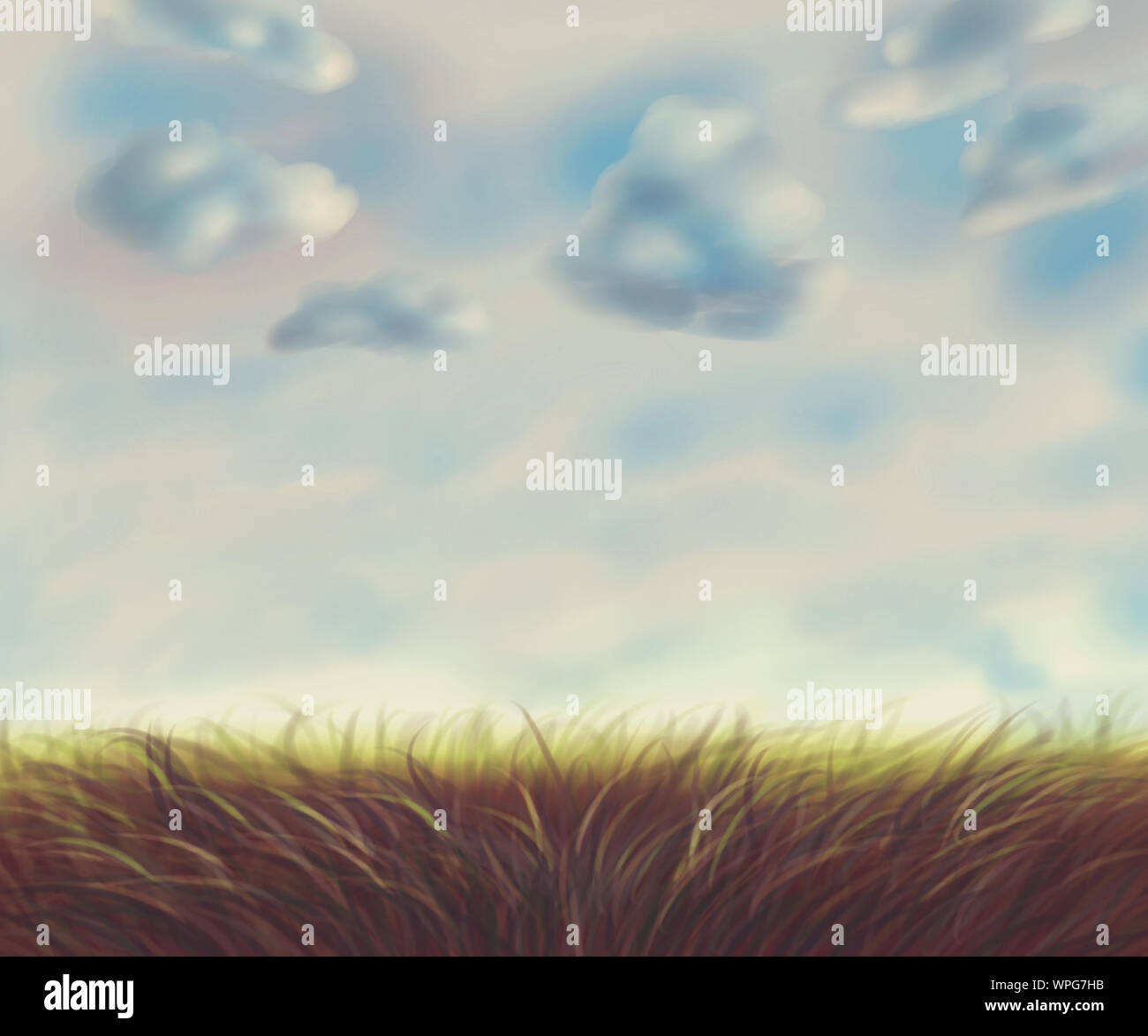 Illustration of a grass field and blue sky. Soft colors retro ...