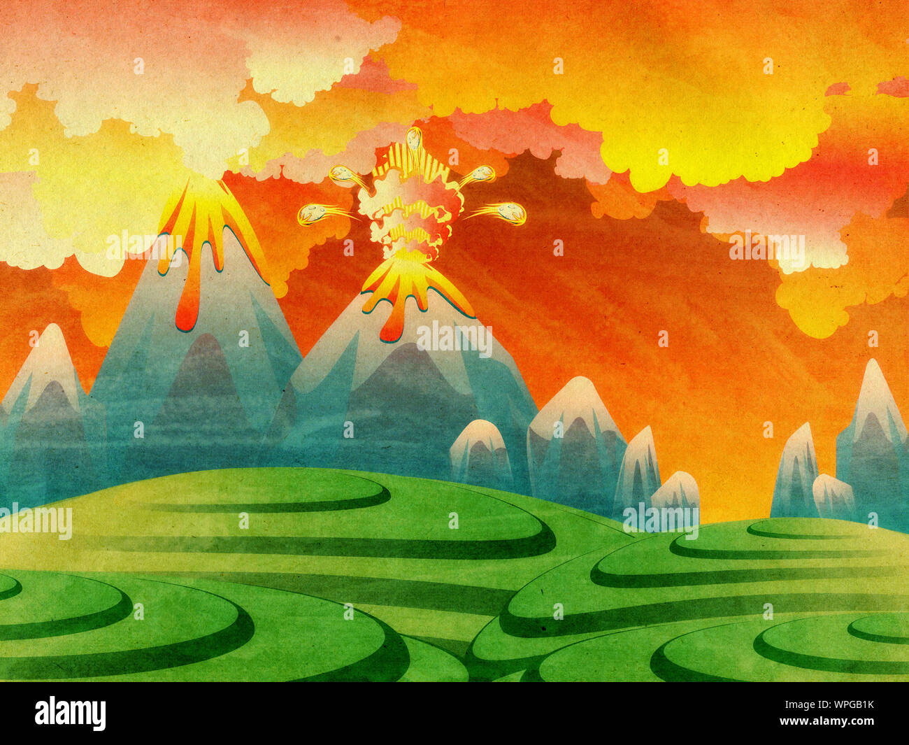 Illustration of cartoon volcano eruption with hot lava, grunge ...