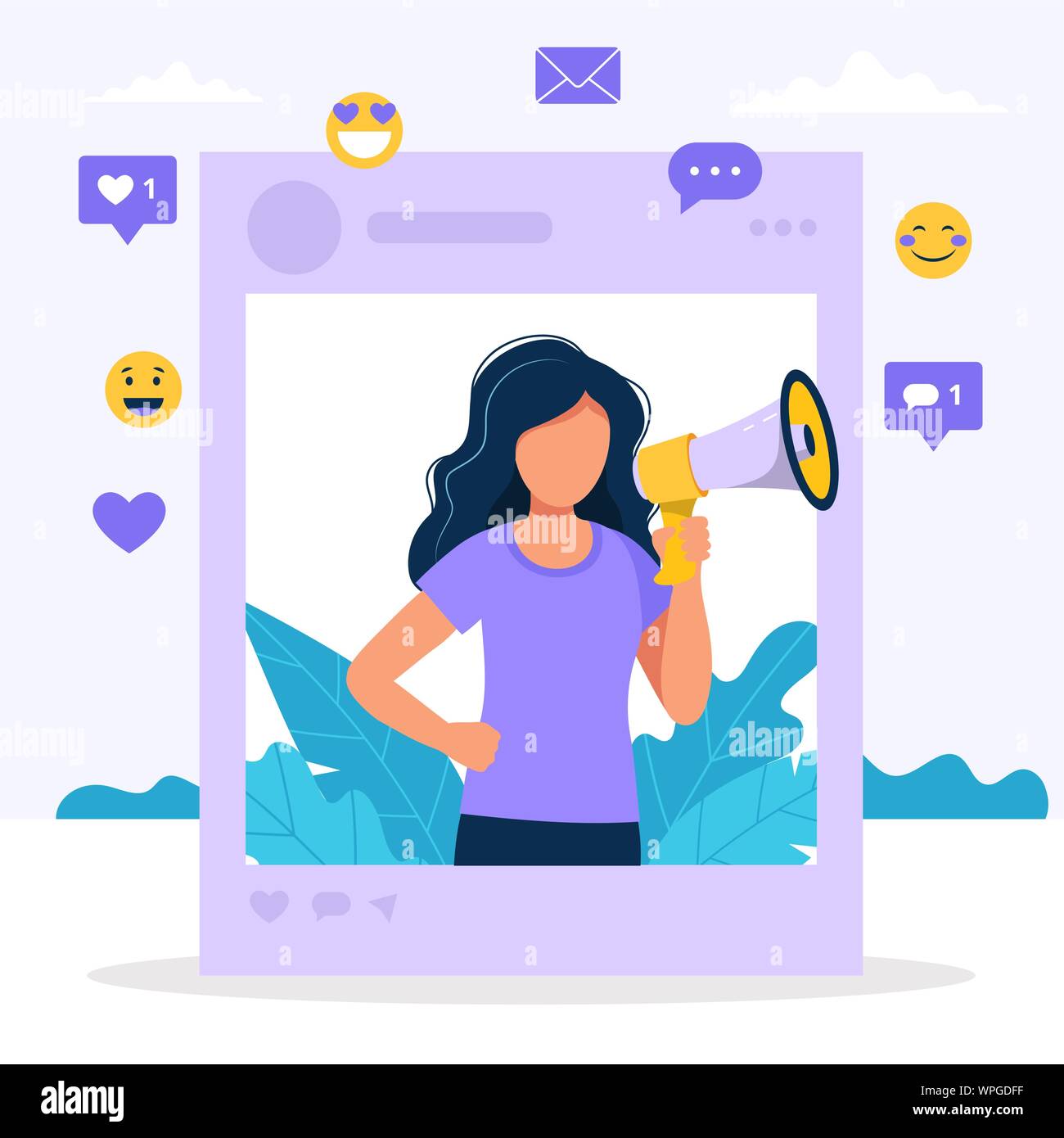 Influencer marketing illustration with woman holding megaphone in the ...