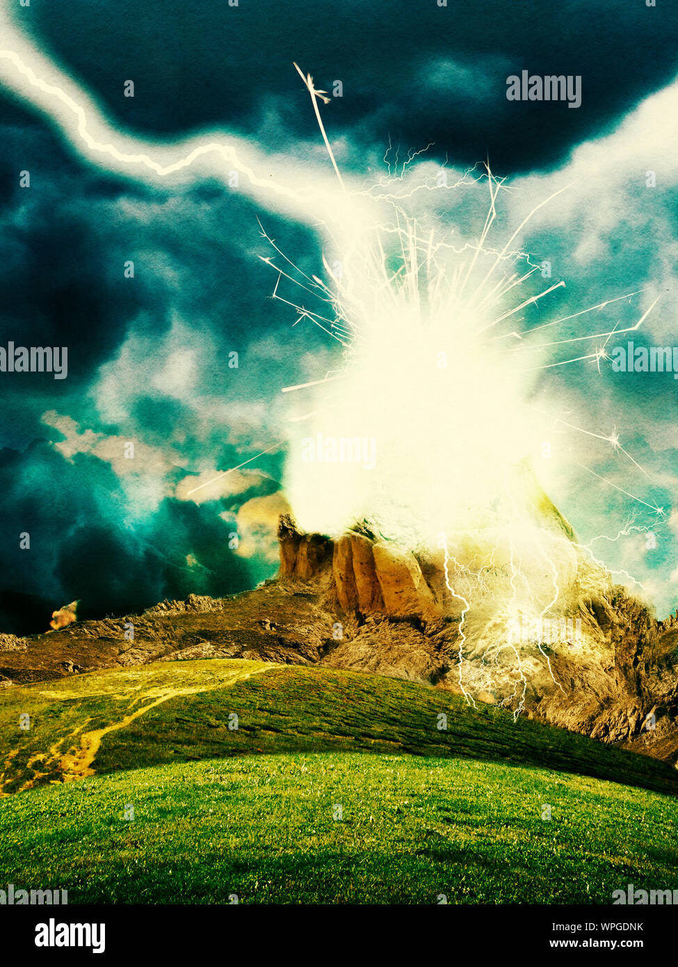 Exploding, burning mountain over cloudy sky grunge background, 3d ...