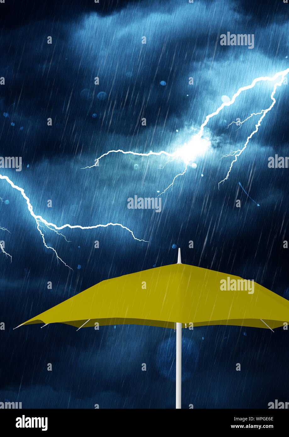 Abstract stormy background with umbrella under heavy rain and ...