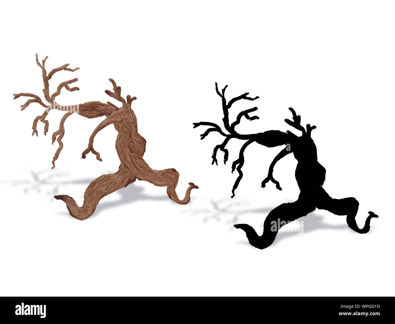Painted fantasy dead tree and black silhouette on white background ...
