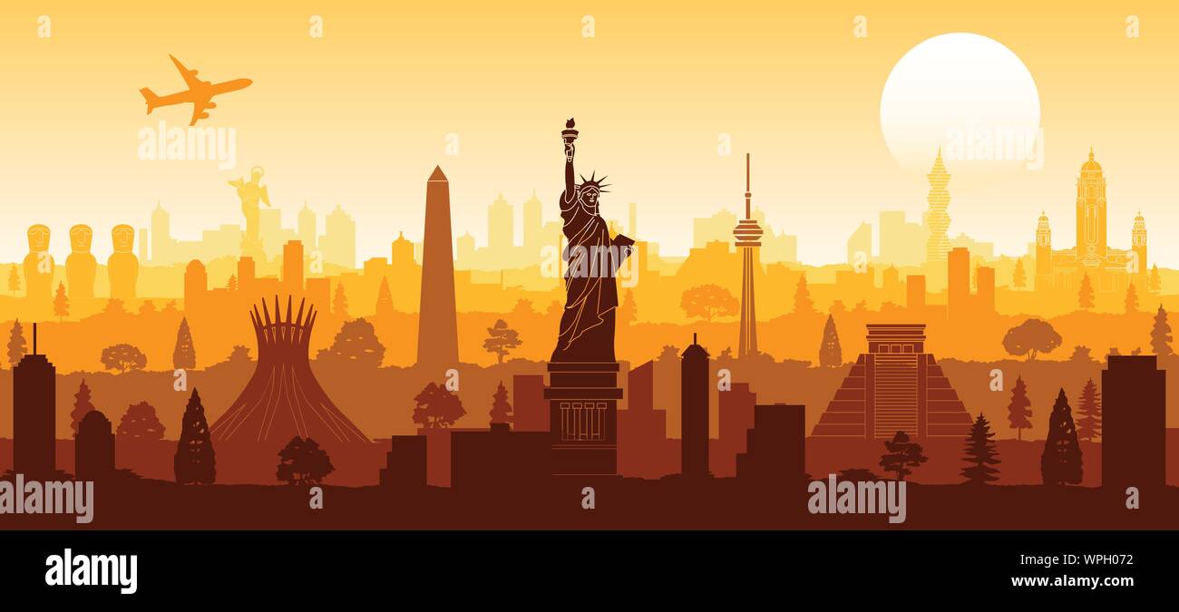 america famous landmark silhouette style with row design on sunset time ...