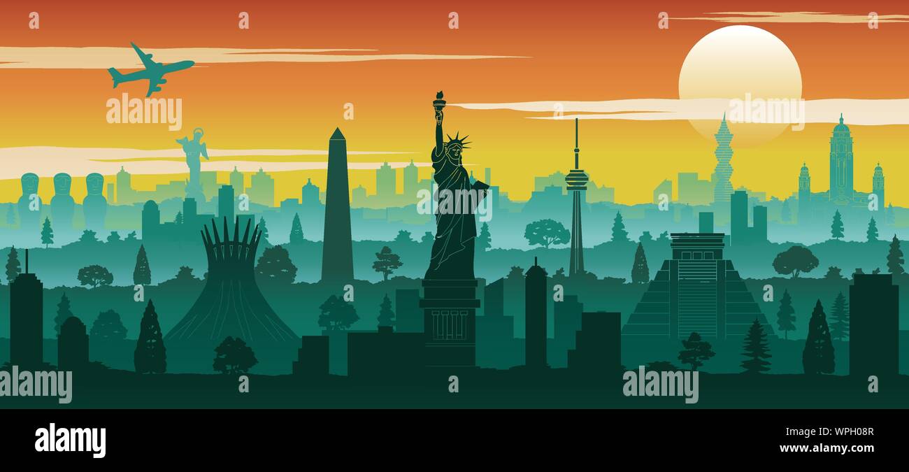 america famous landmark silhouette style with row design on sunset time ...