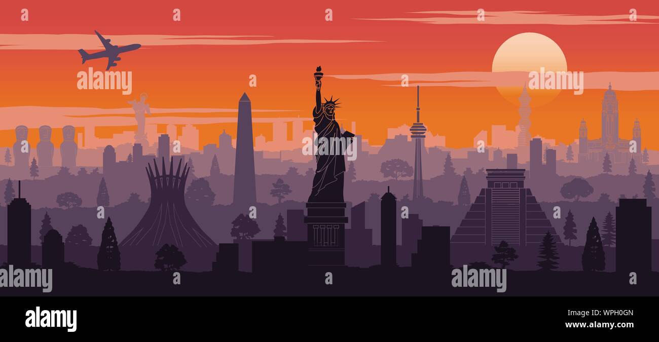 america famous landmark silhouette style with row design on sunset time ...