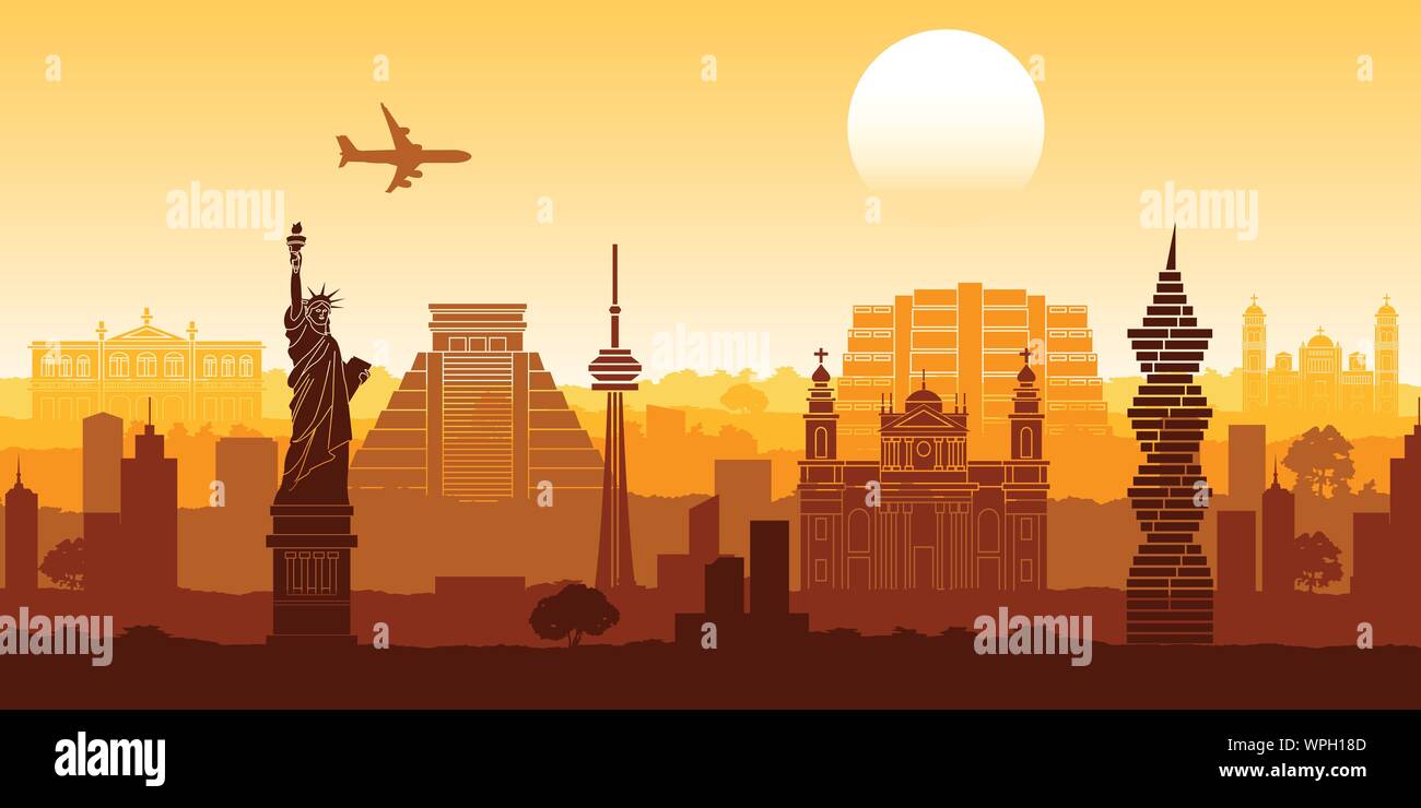 north america famous landmark silhouette style with row design on ...