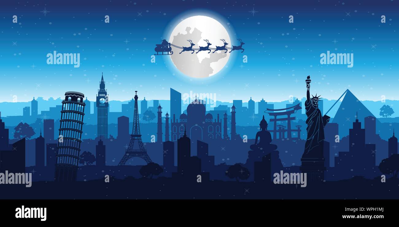 santa claus fly over world famous landmark to send gift to everyone ...