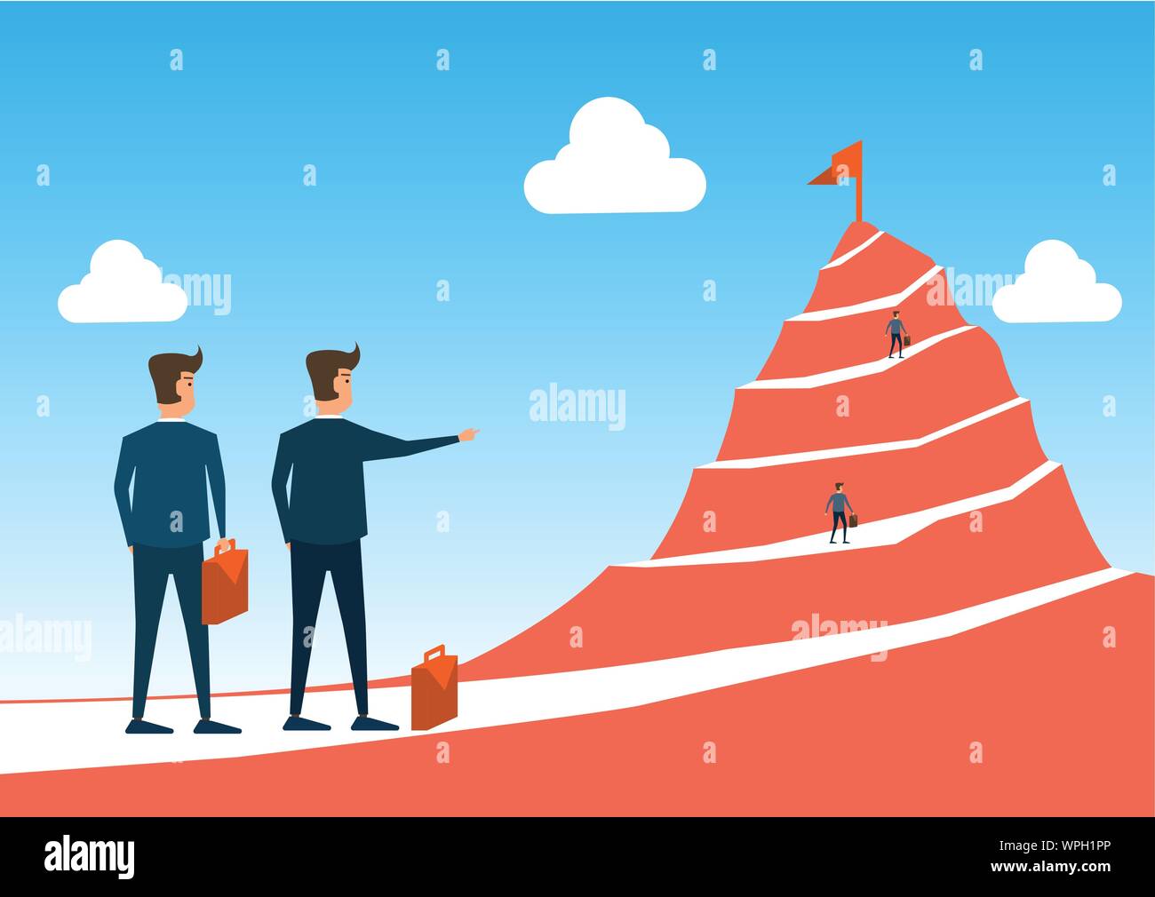 businessman point to flag at peak of mountain and man run to goal ...