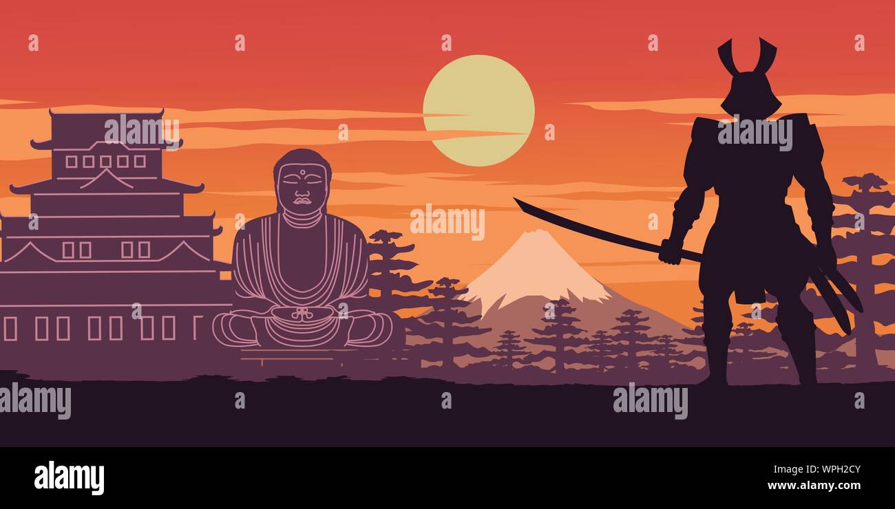 knight of japan called Samurai pose in front of castle and Buddha ...