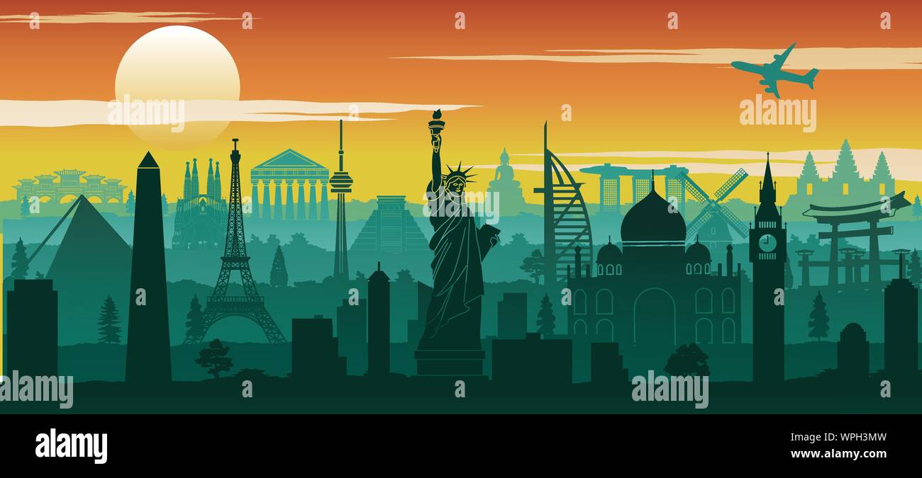 world famous landmark silhouette style with row design on sunset time ...