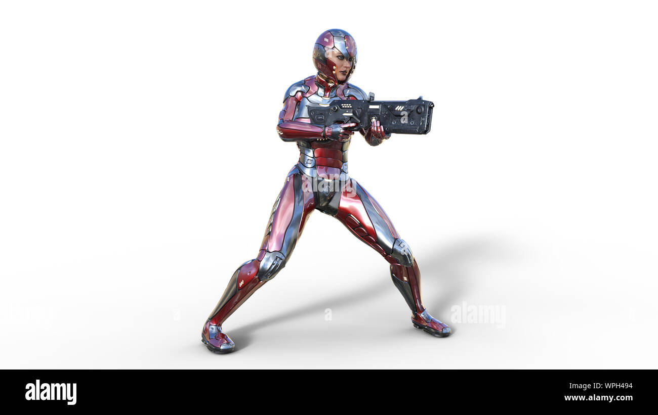 Futuristic Android Soldier Woman In Bulletproof Armor Vest Military Cyborg Girl Armed With Sci 