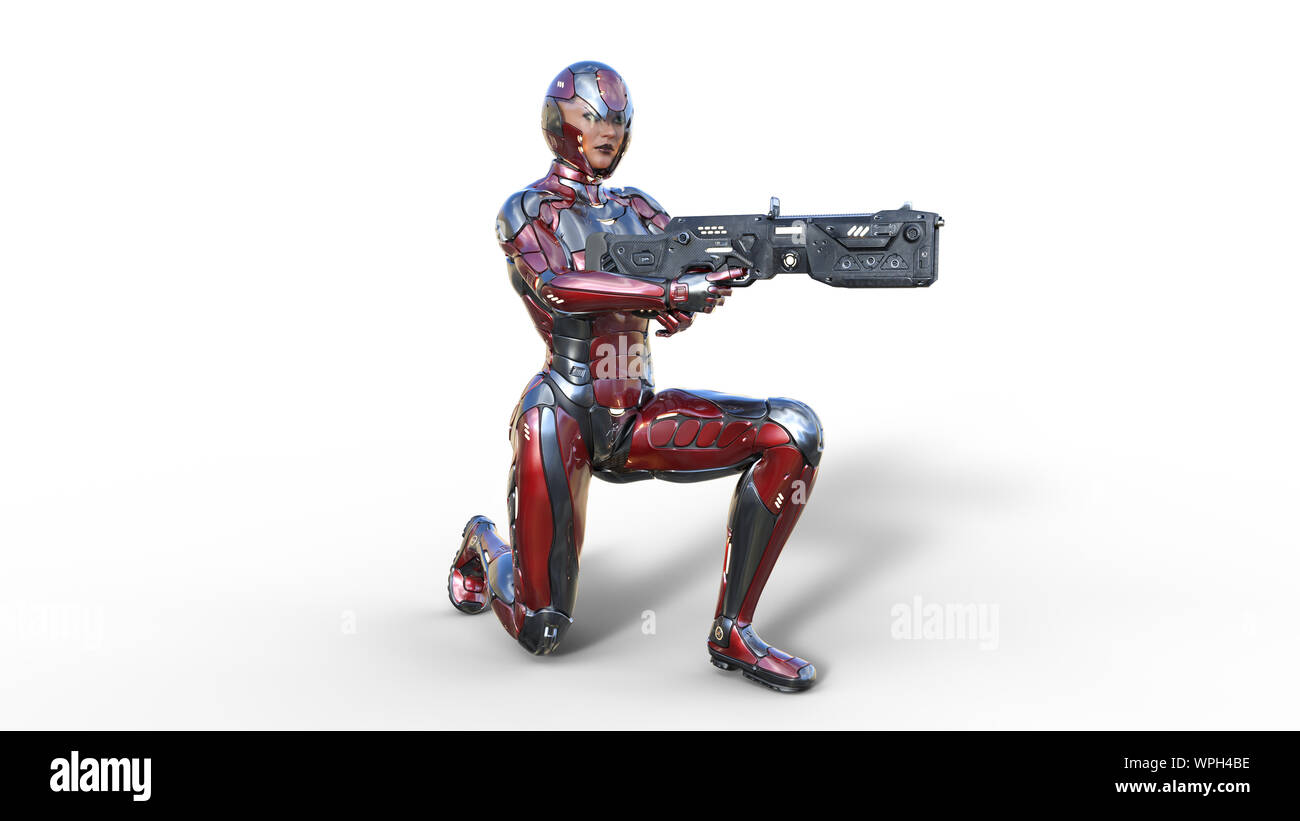 Futuristic android soldier woman in bulletproof armor, military cyborg girl armed with sci-fi ...