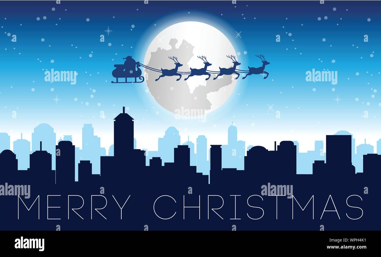 santa fly over the skyscraper on xmas night,gradient blue,vector ...