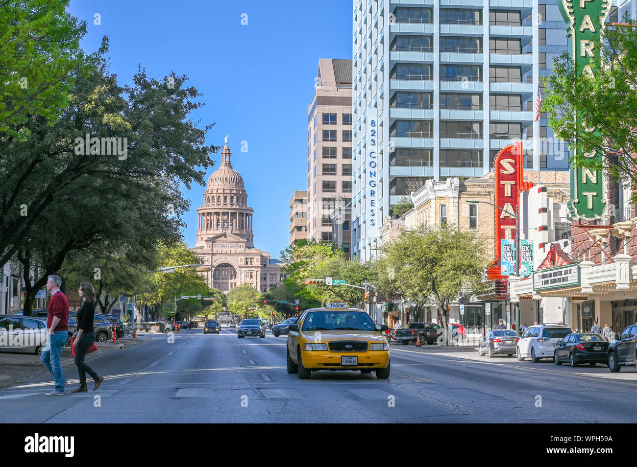 Traffic on Congress Avenue with Texas Capitol in the background. Austin ...