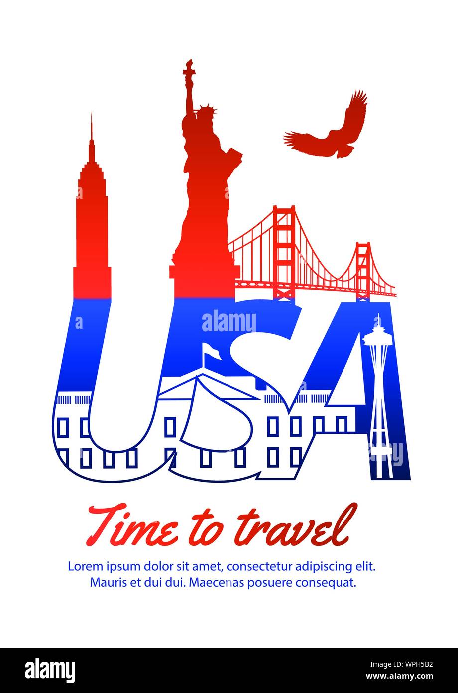 USA famous landmark silhouette style inside text,national flag color ...