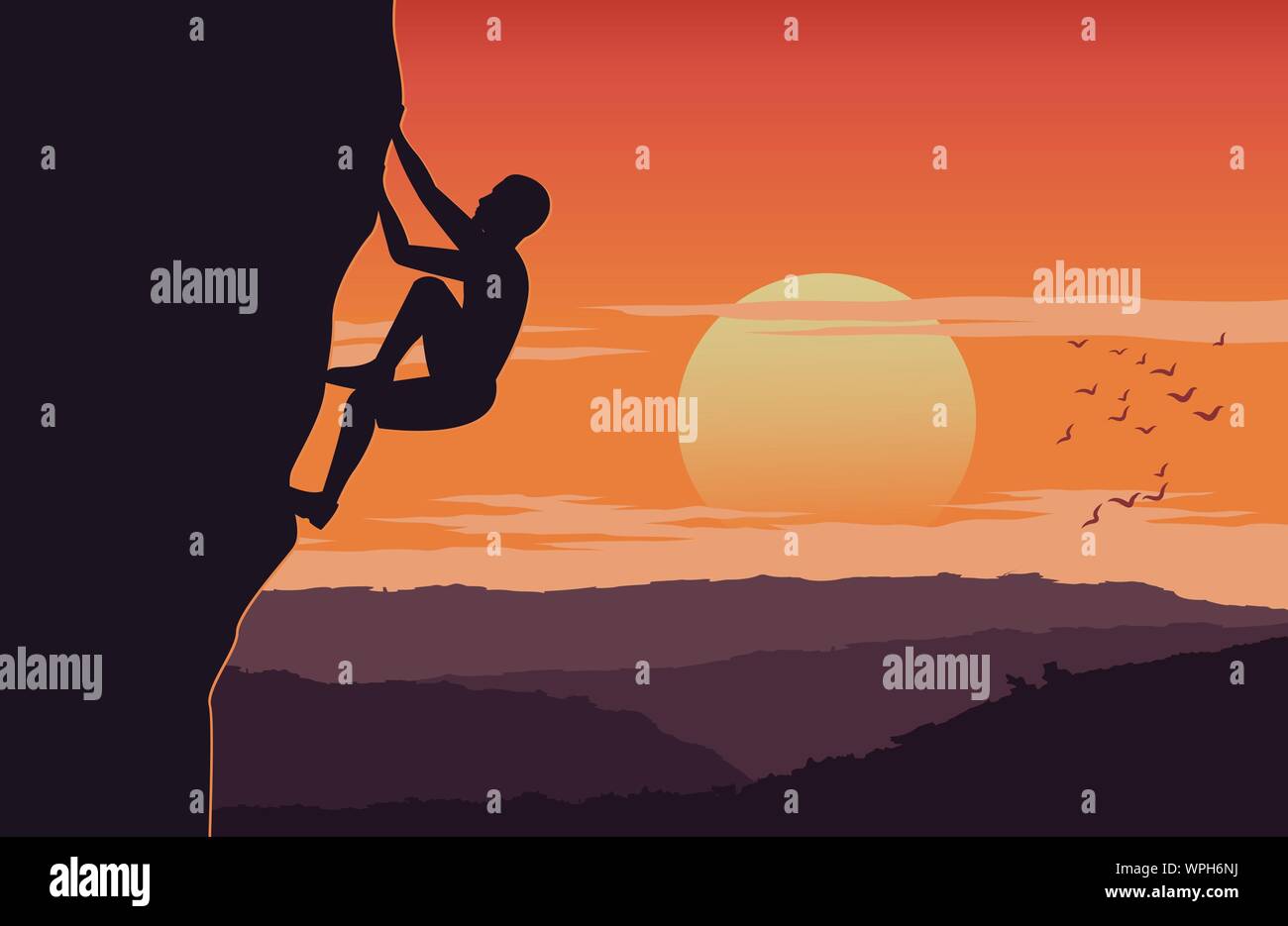 man climb up cliff on sunset time carefully around with mountain ...