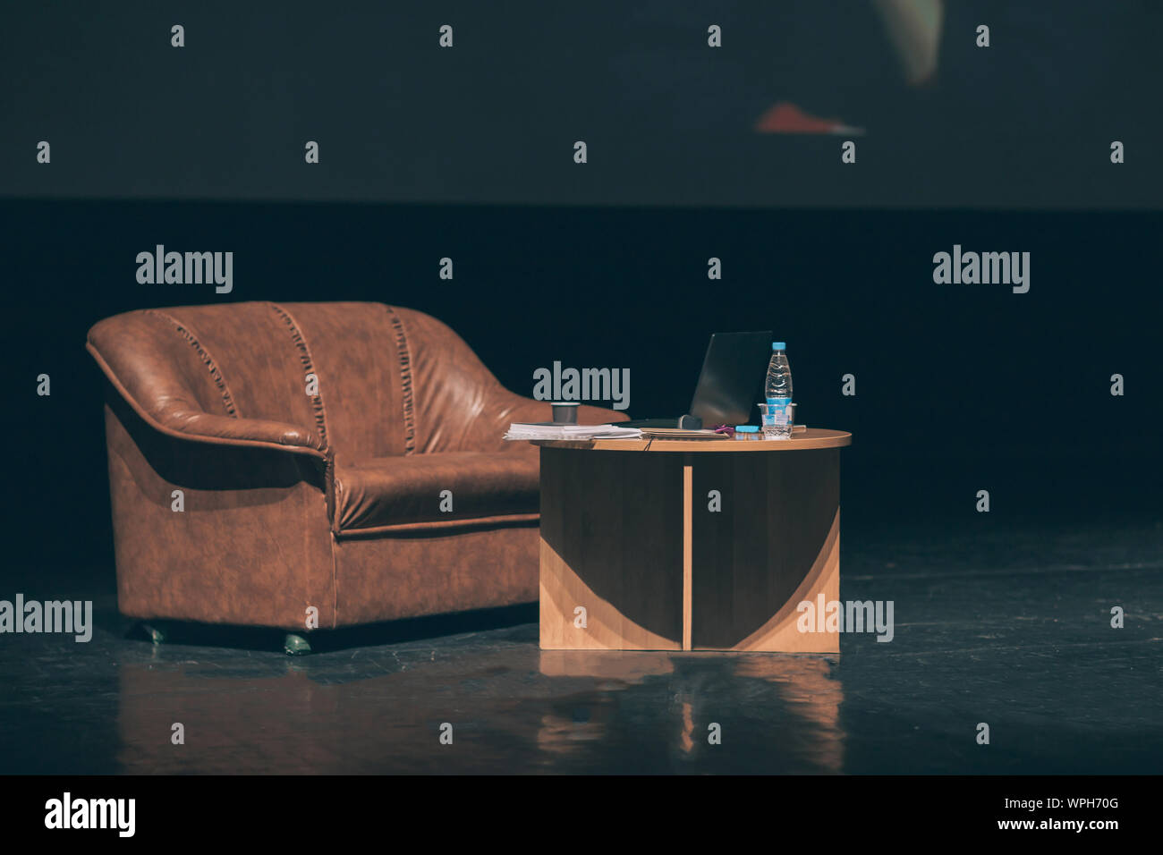 table and chair speaker on the stage of the business club Stock Photo ...