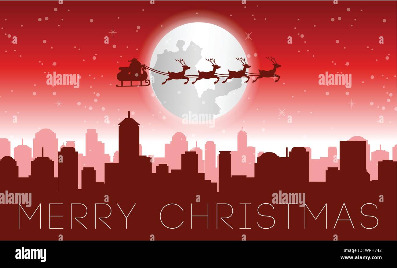santa fly over the skyscraper on xmas night,gradient red,vector ...