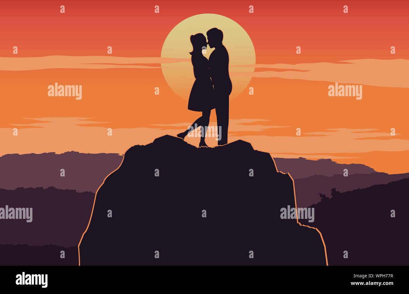couple hug together near cliff around with mountain,silhouette style ...