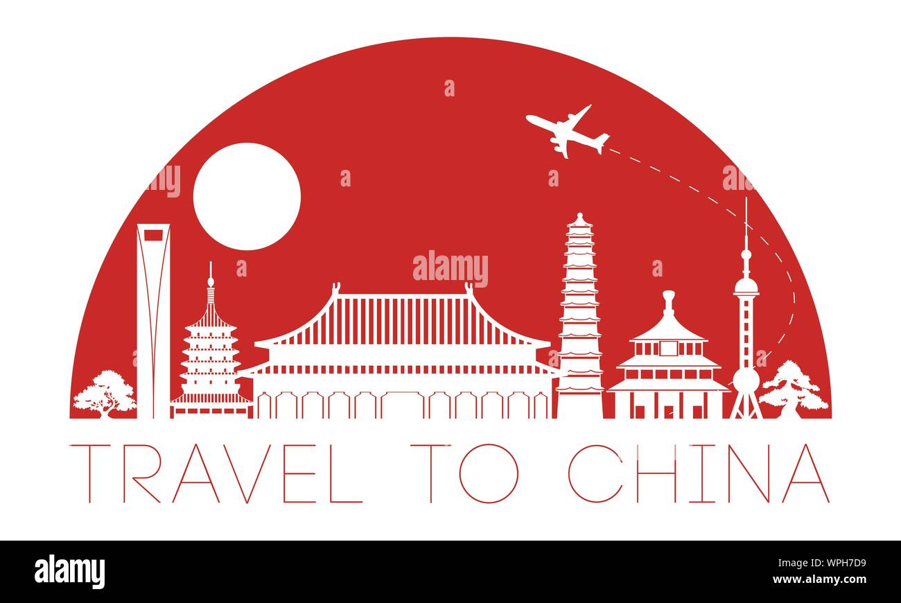 china famous landmark silhouette and dome with red color style, welcome ...