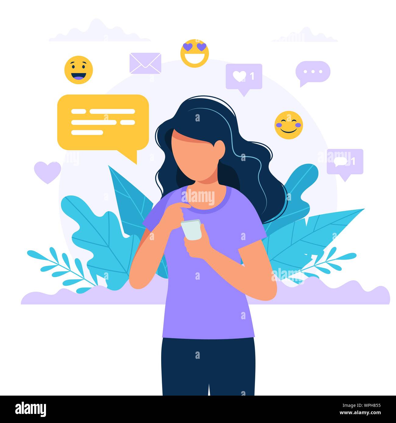 Woman texting with a smartphone, social media icons. Concept vector ...