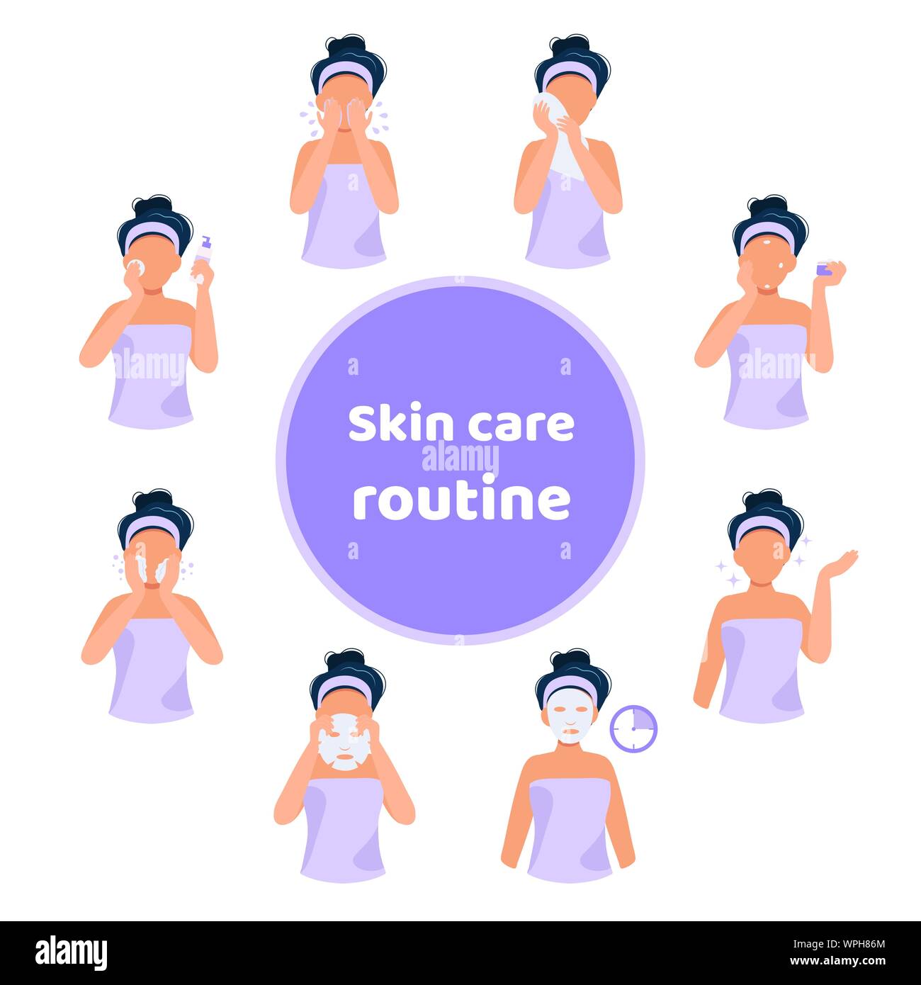Skin care routine. Illustration set with girl making different steps ...