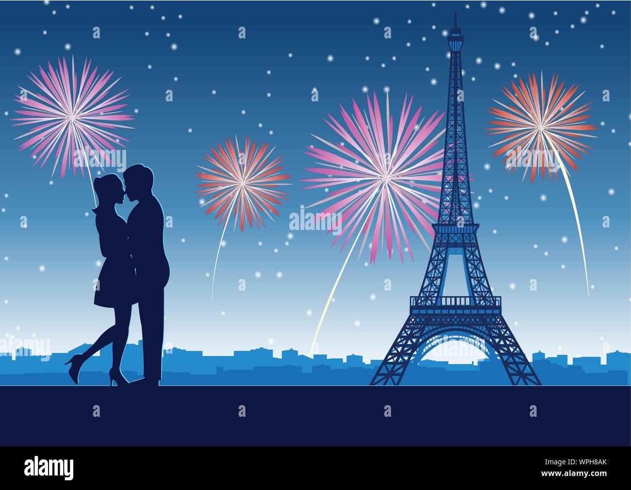 couple hug together around with skyscraper near Eiffel tower in Paris ...