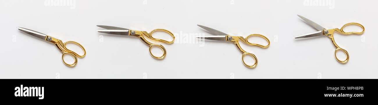 Cutting. Scissors collage set, gold and silver color isolated against ...