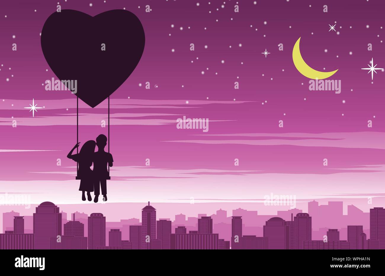 Couple sit on swing that float by heart shape balloon above the city ...