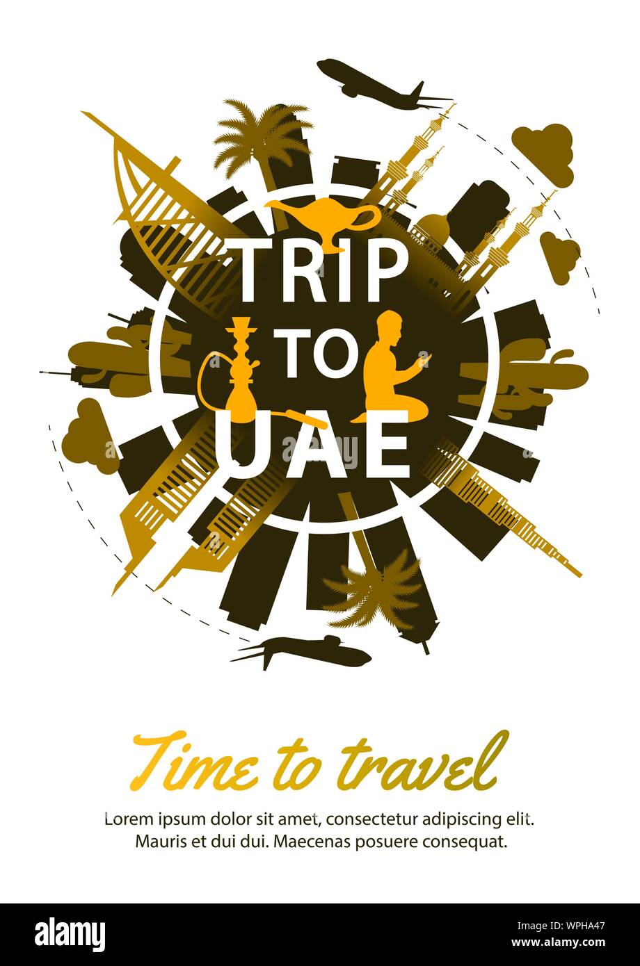 UAE famous landmark silhouette style around text,desert color design ...