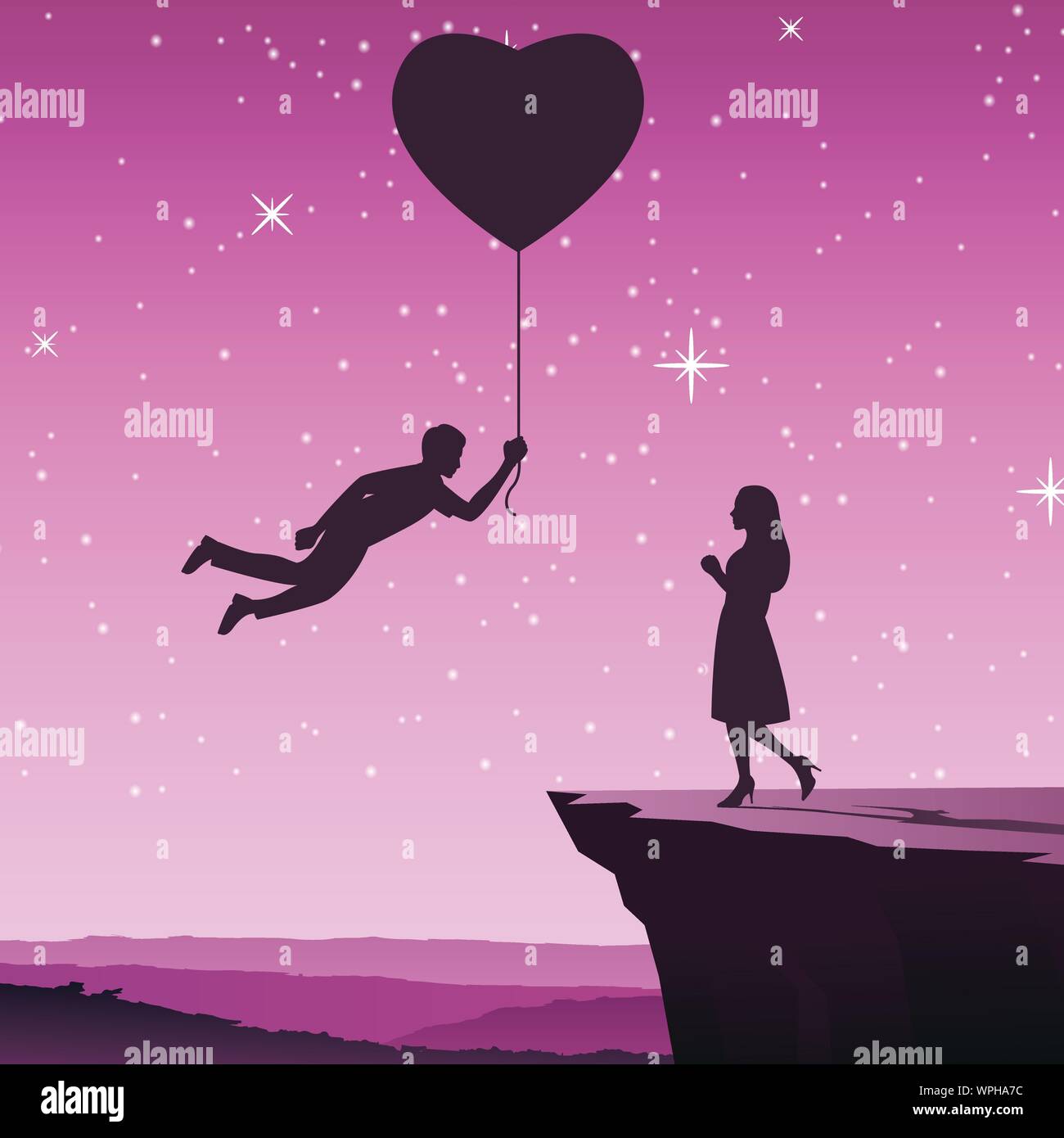 man fly by hold heart balloon to give to woman,concept art mean he send ...