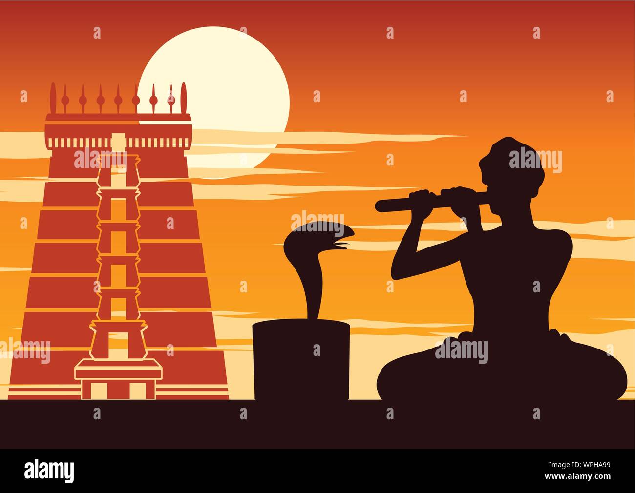 snake charmer play flute to snake,show of Indian,sunset time,vector ...