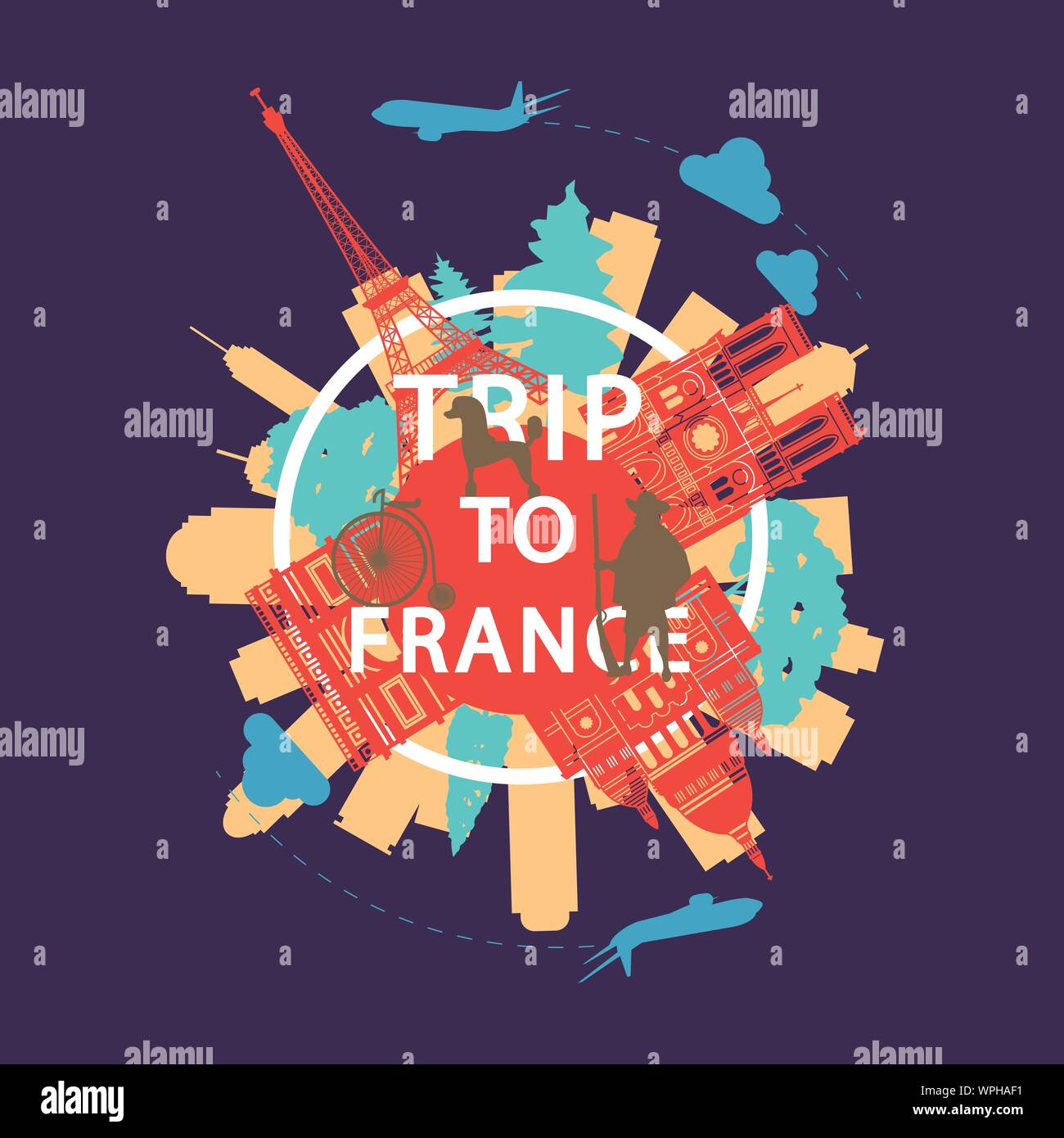 France famous landmark silhouette overlay style around text,vintage ...