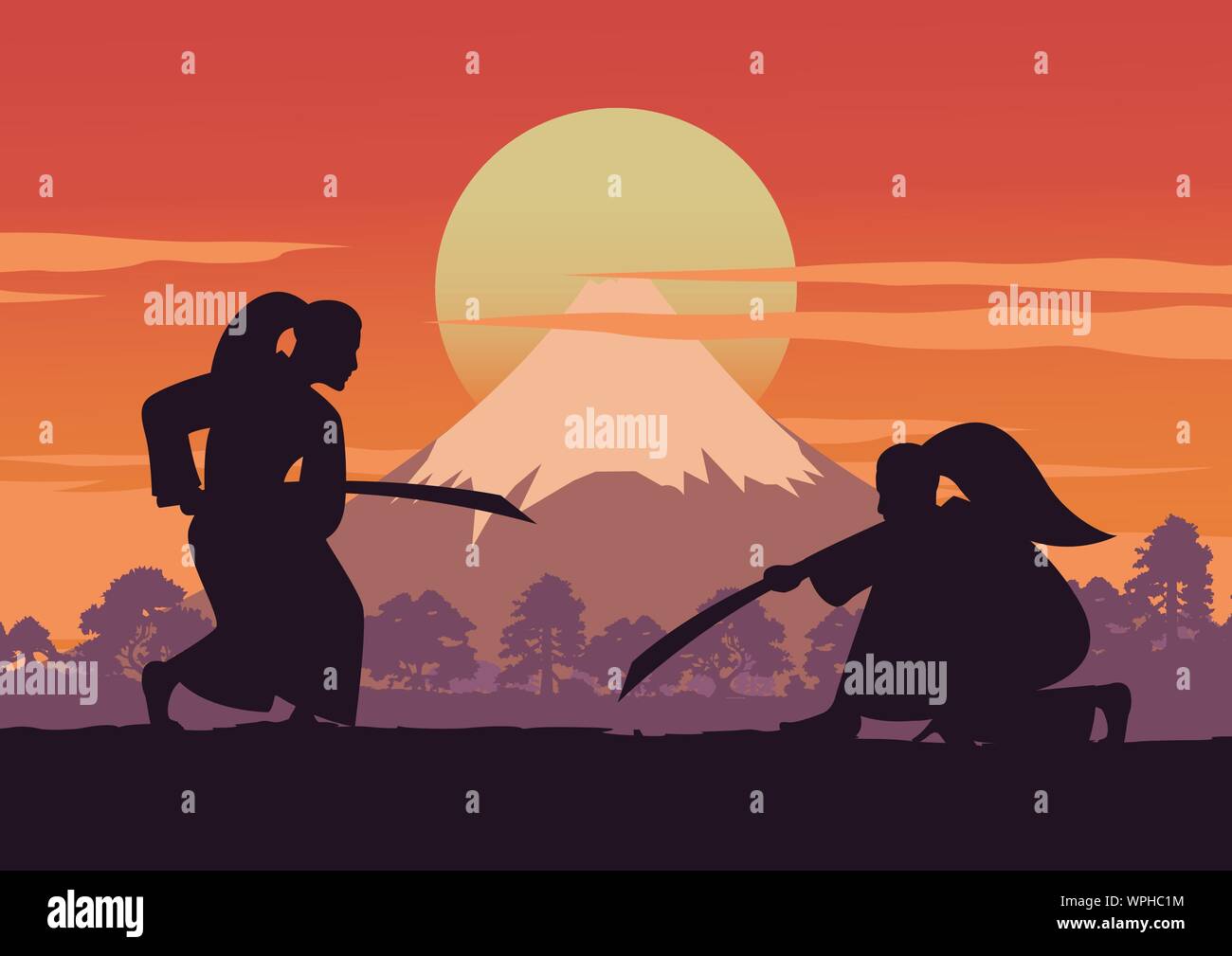 Japanese martial hero,samurai train fight each other front of Fuji ...