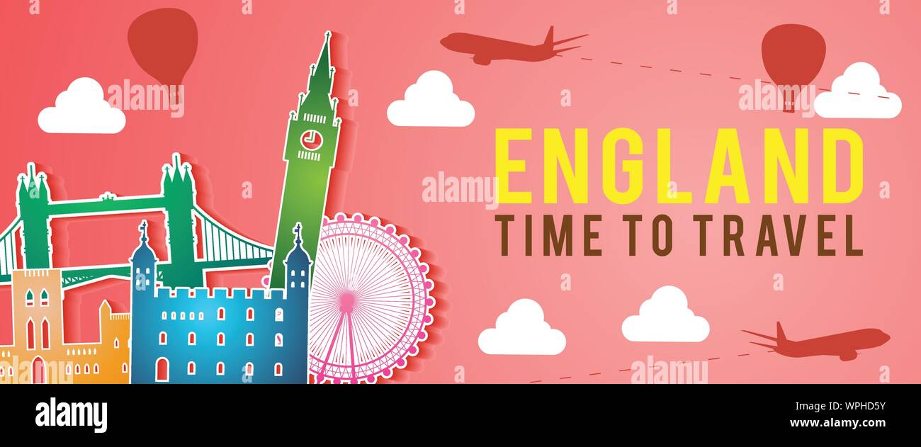 banner of England famous landmark silhouette colorful style,plane and ...