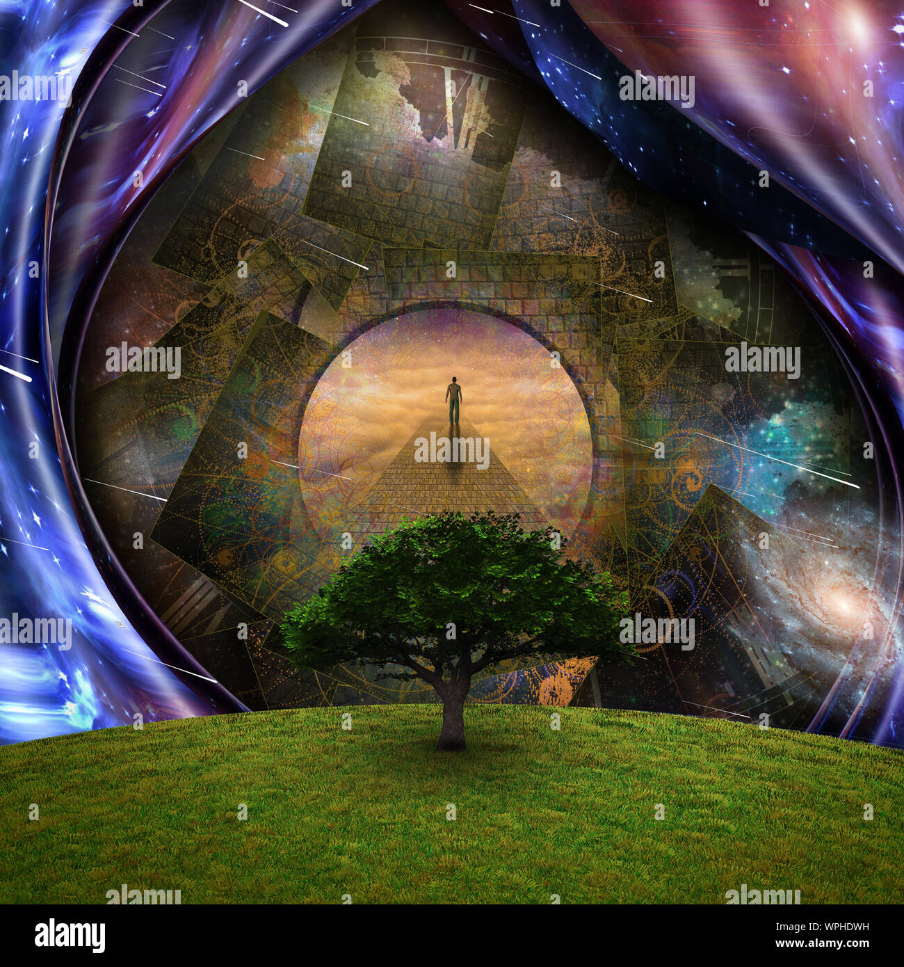 Surrealism. Green tree. Soul journey. Man on a stone road. 3D rendering ...