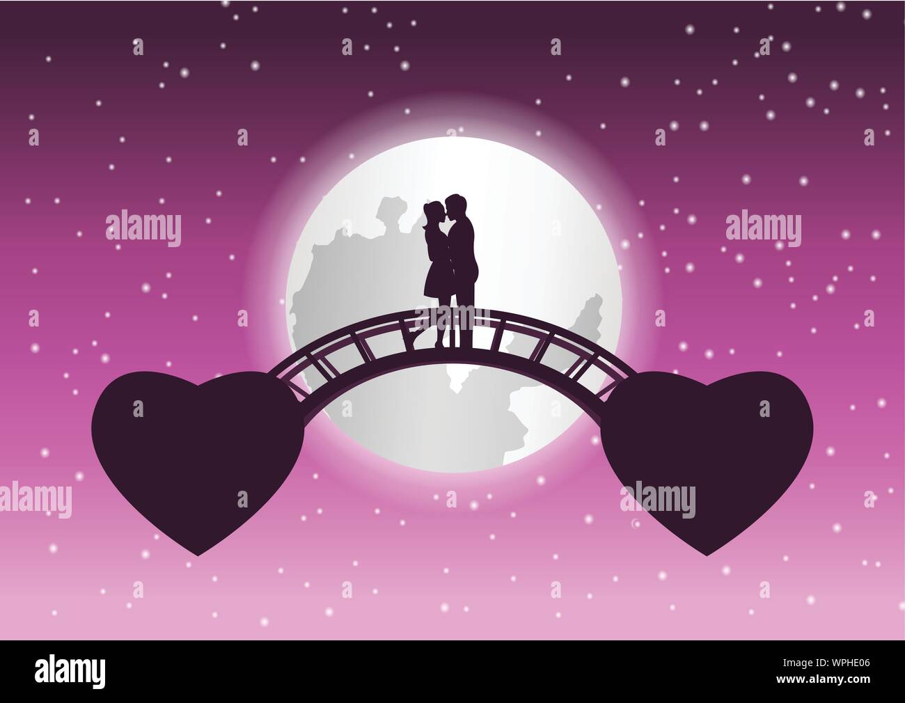 couple hug together and kiss on bridge that link between fly heart ...